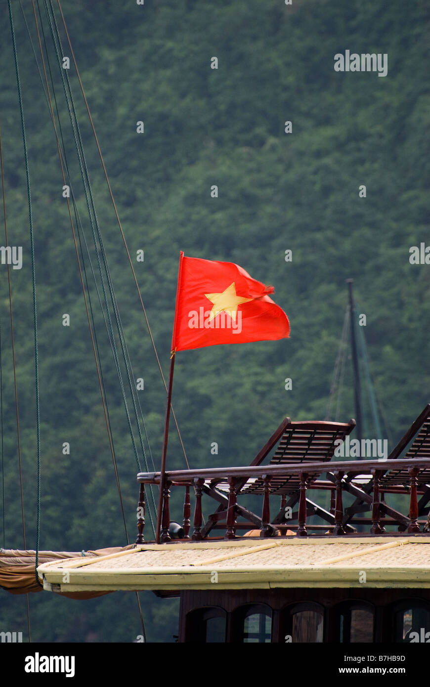 Vietnam flag, Ha Long Bay, Halong Bay, Gulf of Tonkin, northern Vietnam ...