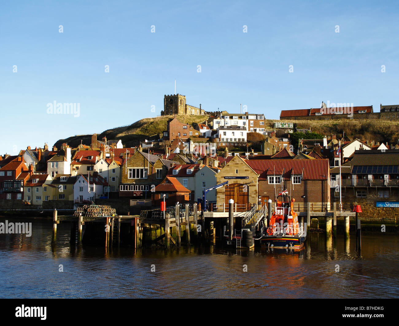Whitby view of East harbour from water level up to abbey and sky Stock ...
