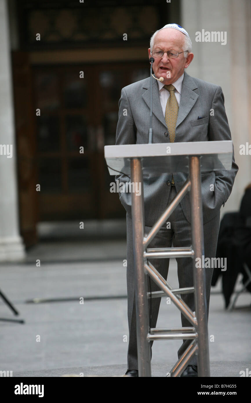 Holocaust survivor Jack Kagan giving a speech at the holocaust memrial ...