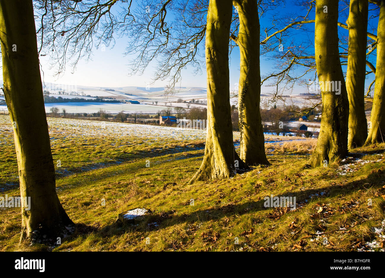 A sunny snowy winter landscape view or scene on Overton Hill near ...