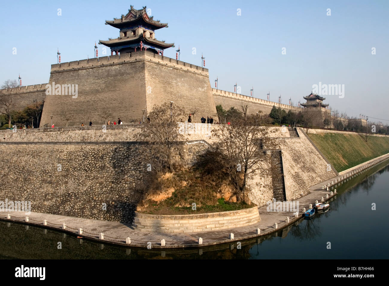 Ornate turret at a corner of the defensive wall that girdles Xian in ...