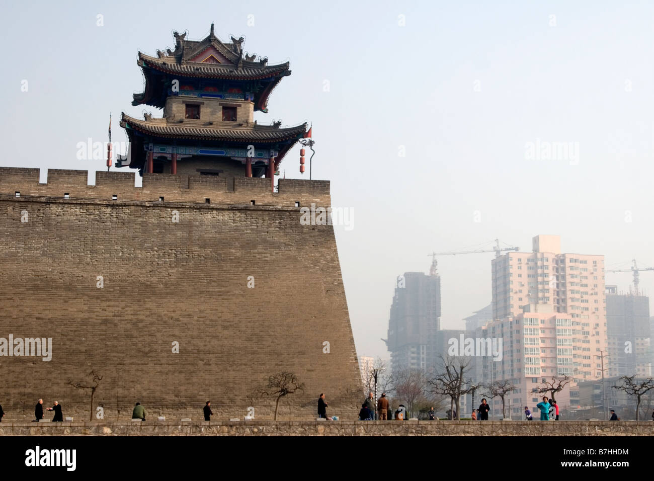 Ornate turret at a corner of the defensive wall that girdles Xian in ...