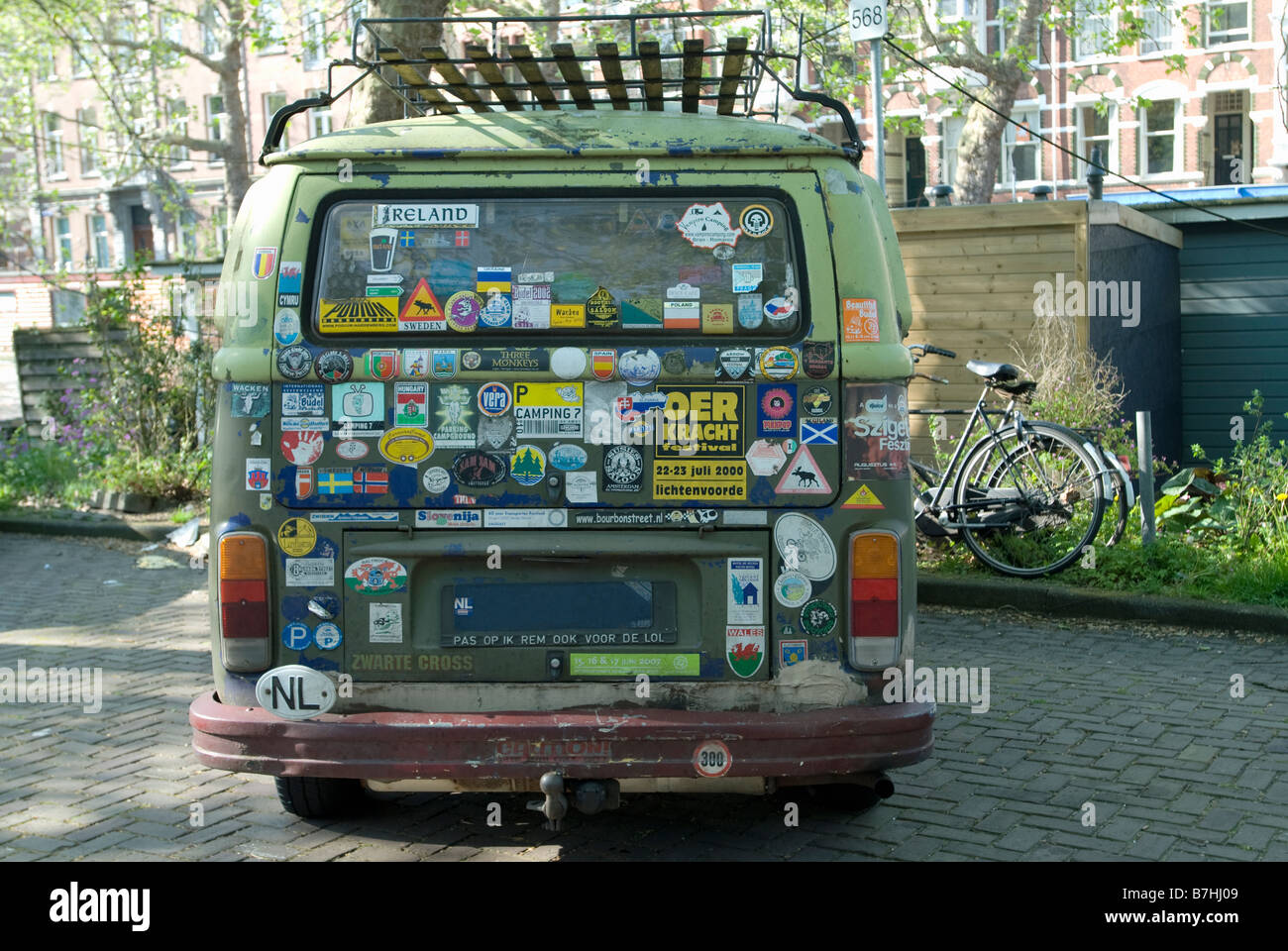Camper van with stickers on back of destinations travelled, Amsterdam ...