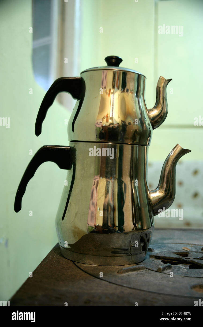 Traditional Turkish tea pot on a soba in Turkey Stock Photo - Alamy