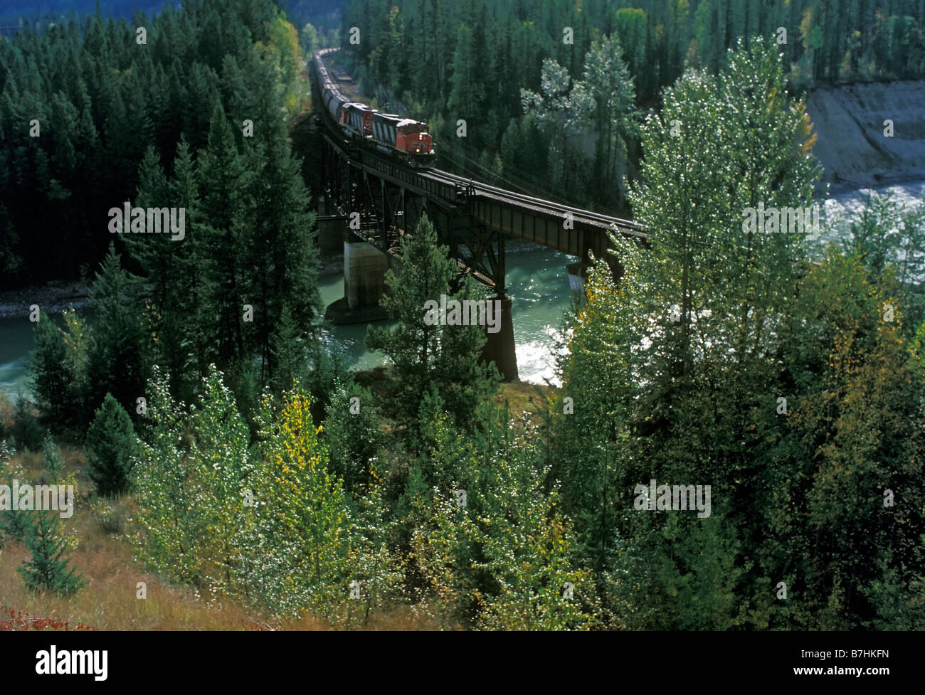 CN freight crossing rail bridge outside Clearwater, British Columbia ...