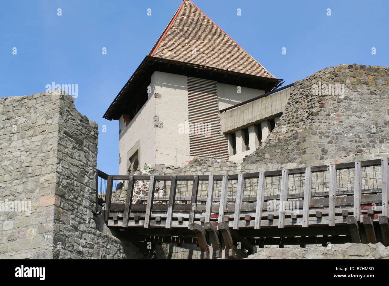 Tower of hungarian castle with bridge Stock Photo - Alamy