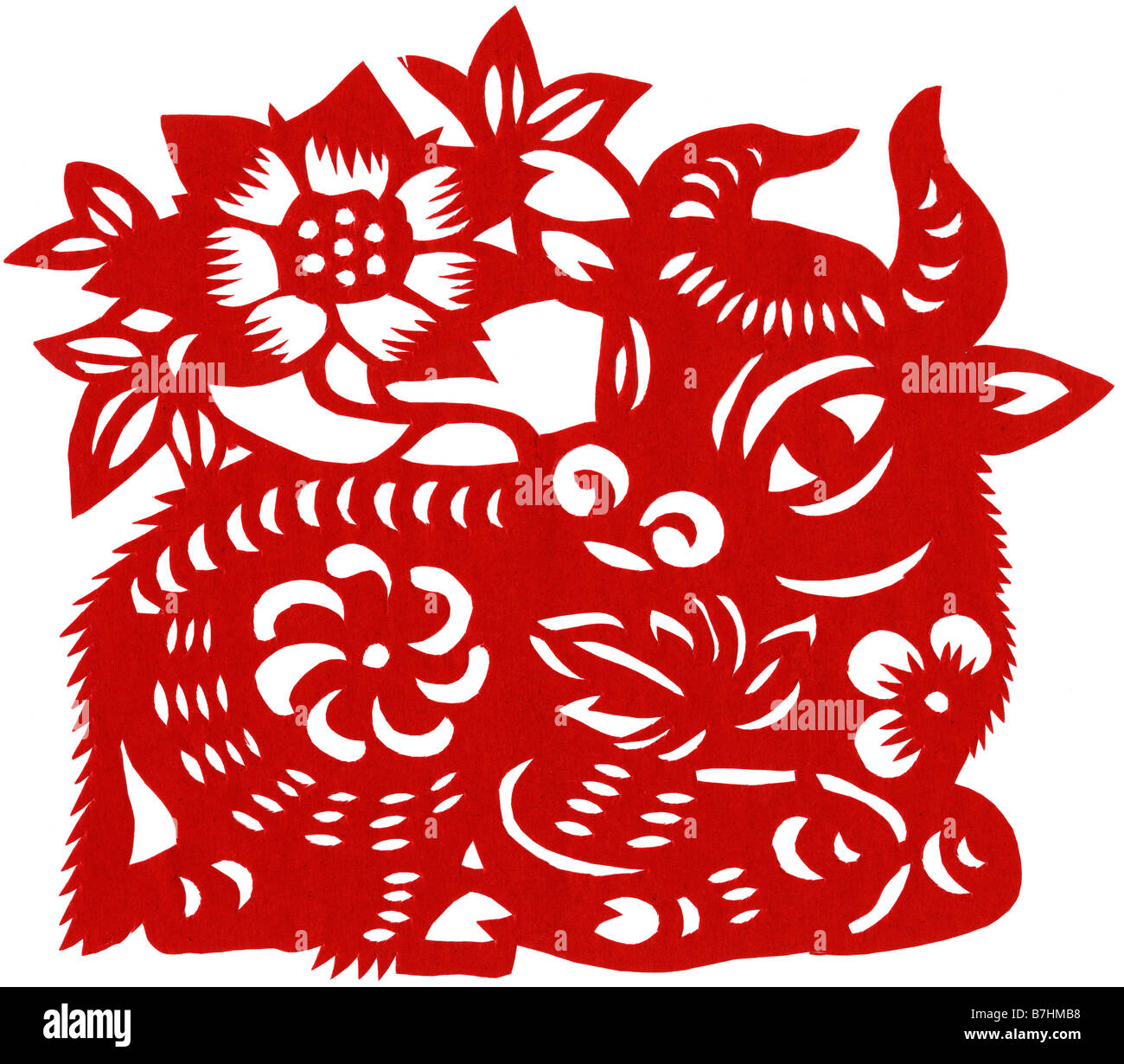 Chinese hand made paper cut depicting a sitting Ox with a flower Spring ...