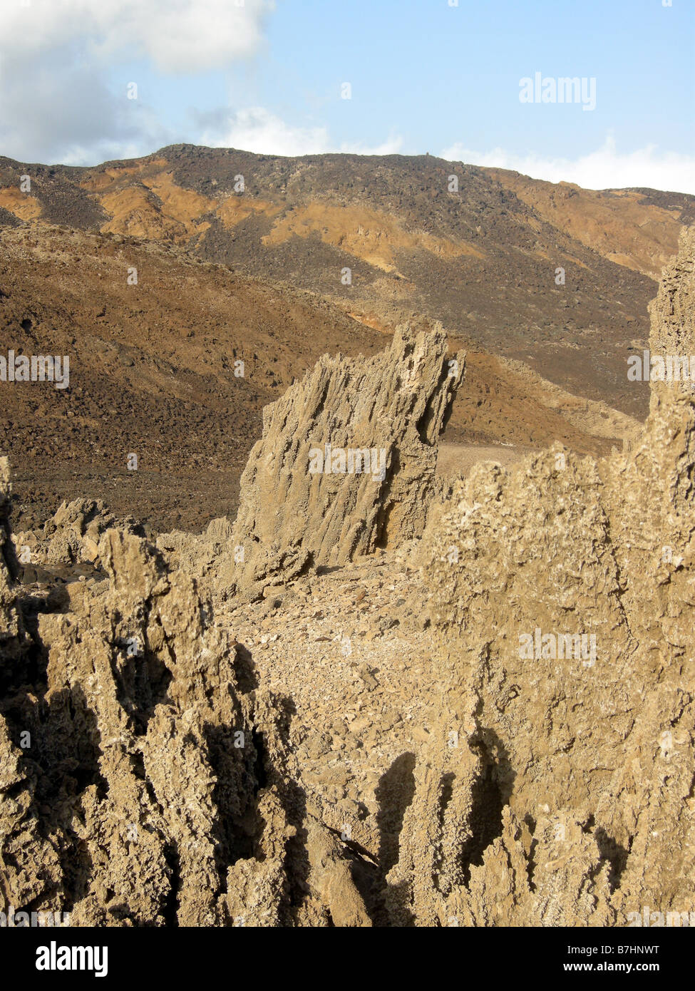 Geothermal vent chimneys exposed in the desert near lake Assal ...
