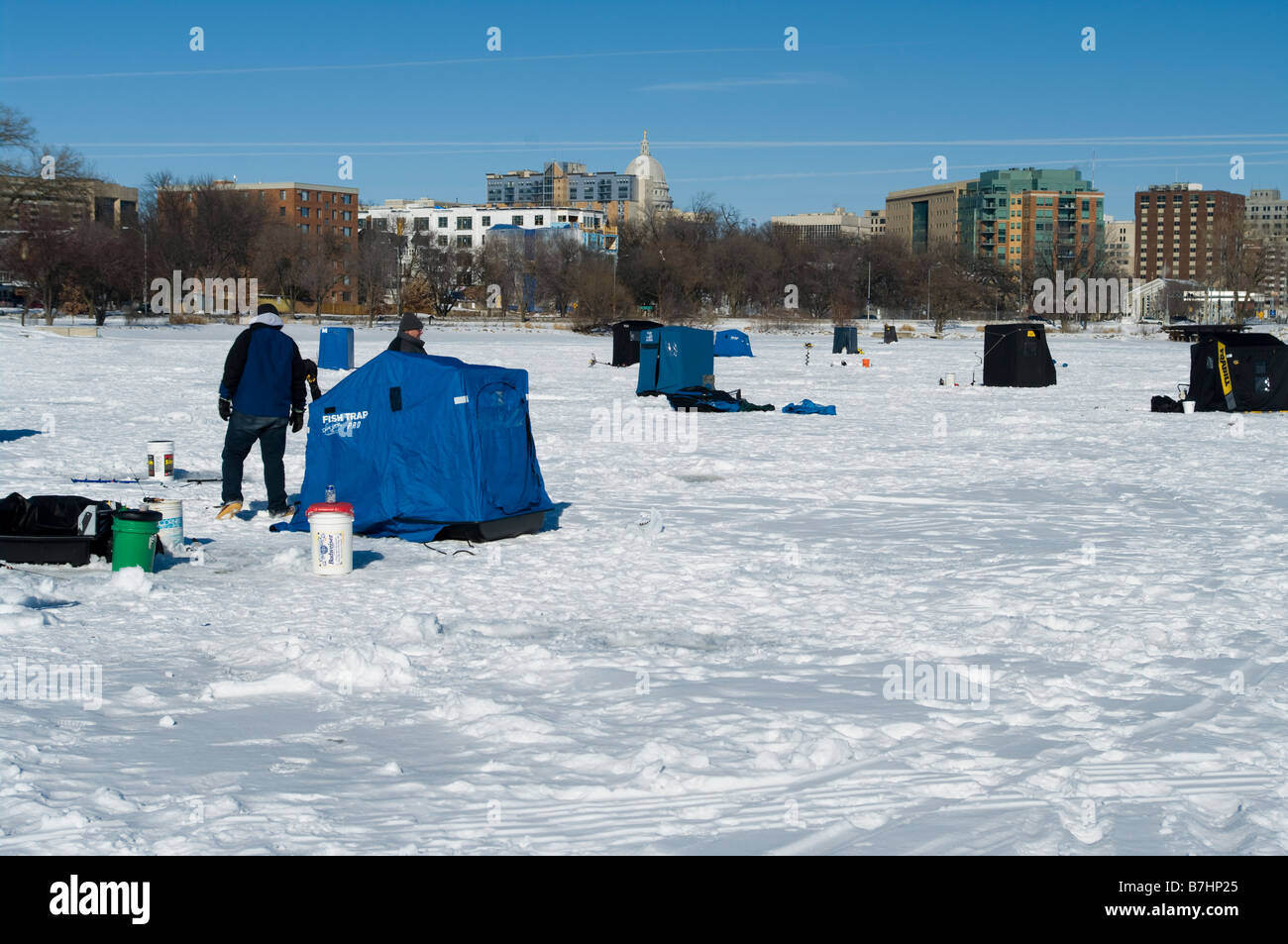 Ice Fishing on Monona Bay Lake Monona Madison Wisconsin Stock Photo - Alamy