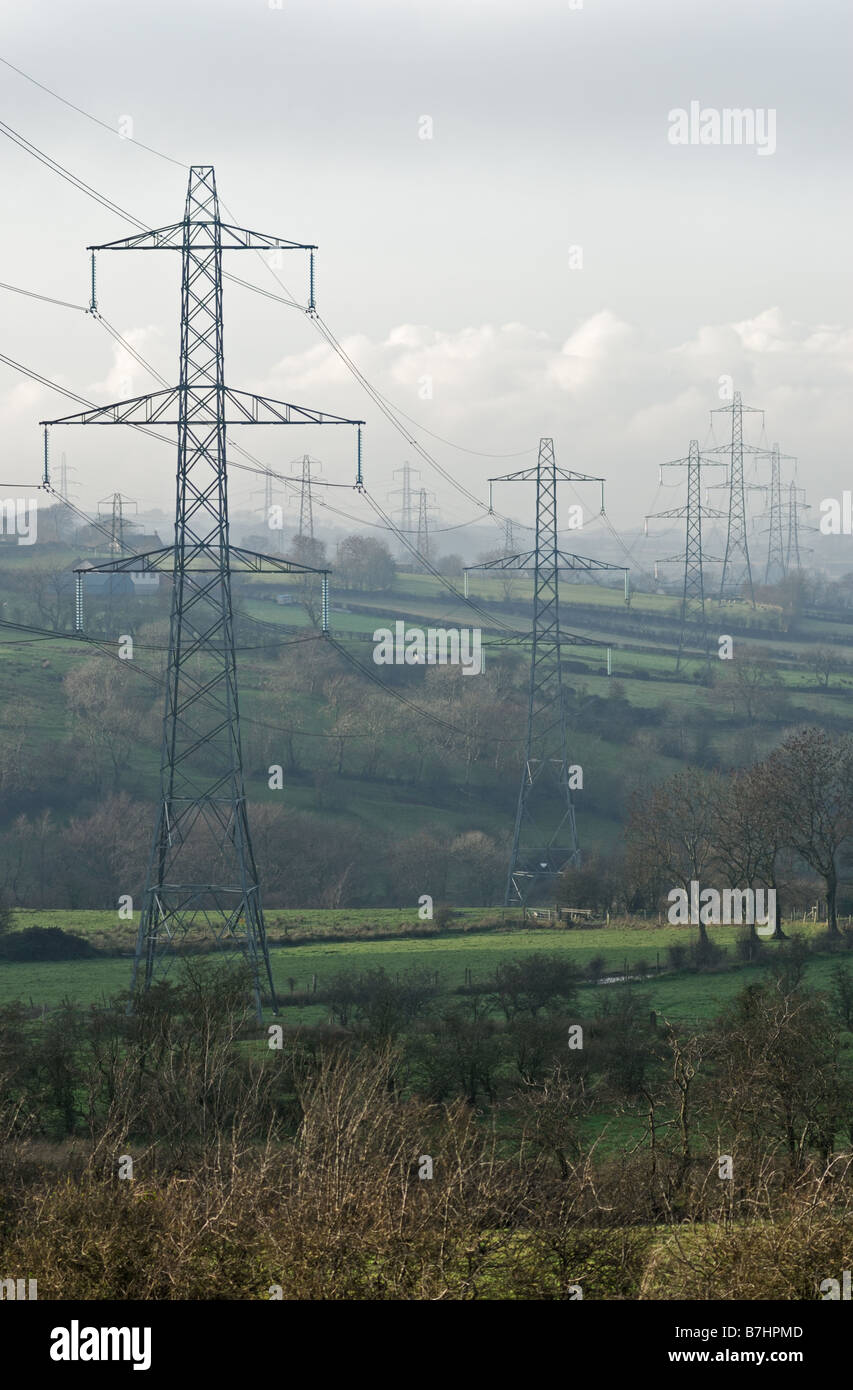 Cross country power lines from Kilroot Power Station County Antrim ...