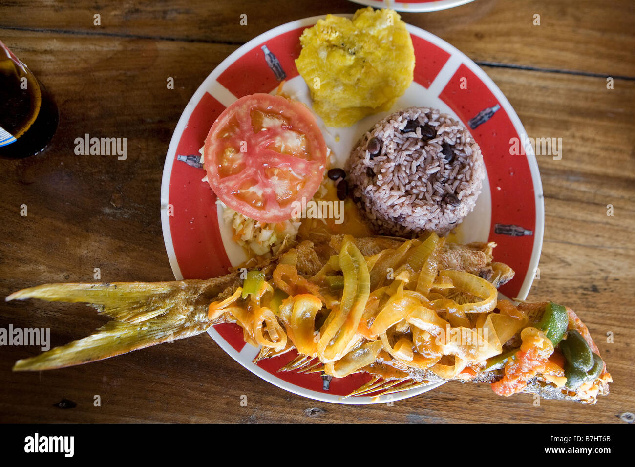 Plate of typical Caribbean red snapper from a restaurant in Old Bank ...