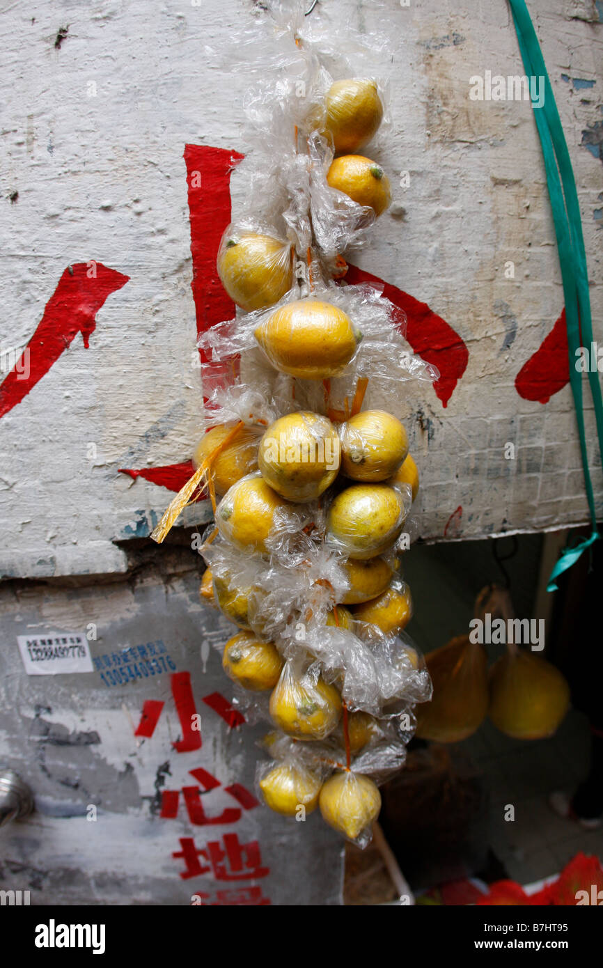 Lemons hanging in bag on white wall with red Chinese Characters ...