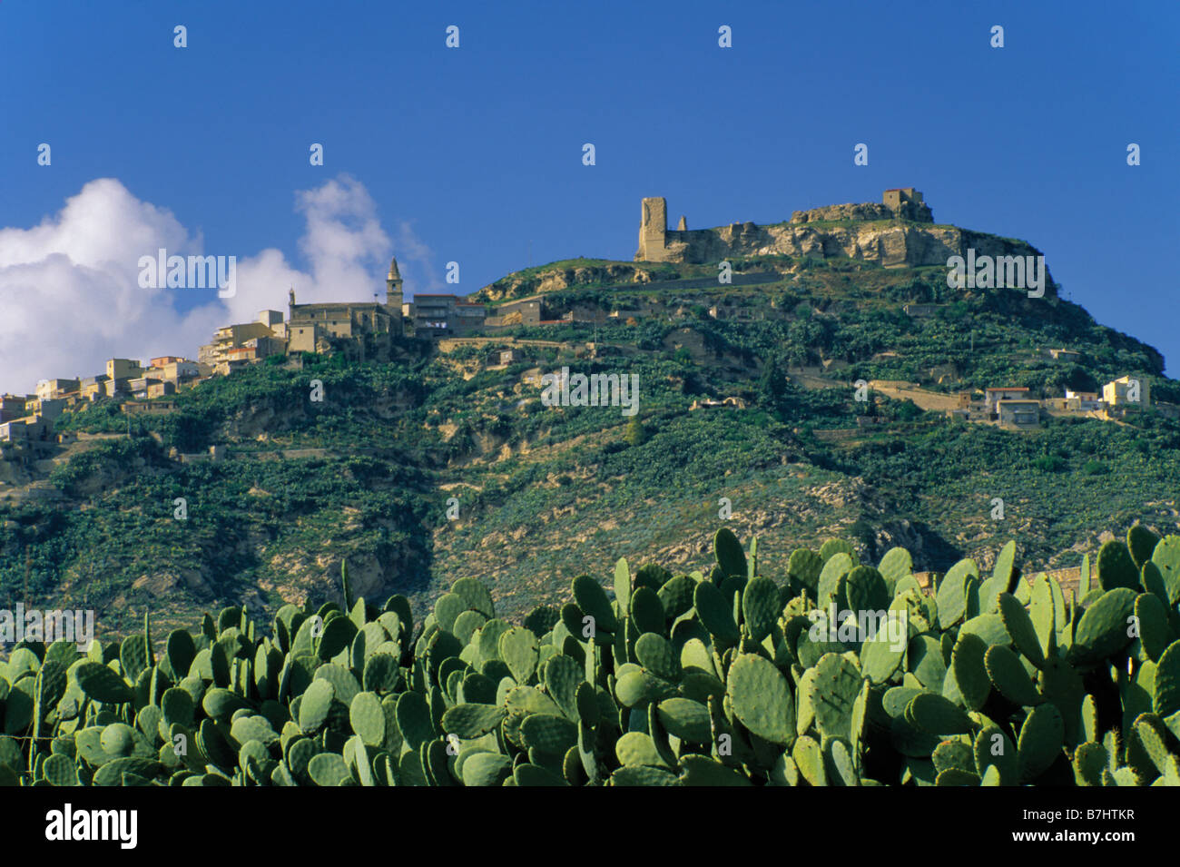 Ruined castle and hill town of Agira and prickly pear cacti Sicily ...