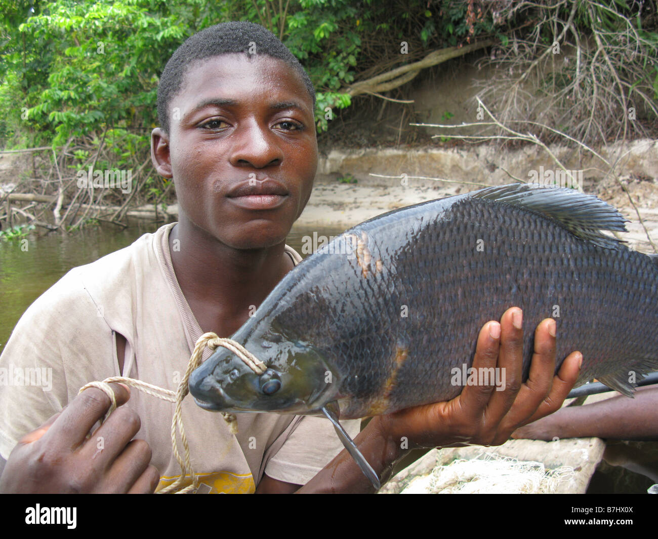 Congo River fisherman with tethered carp near Yangambi Oriental ...