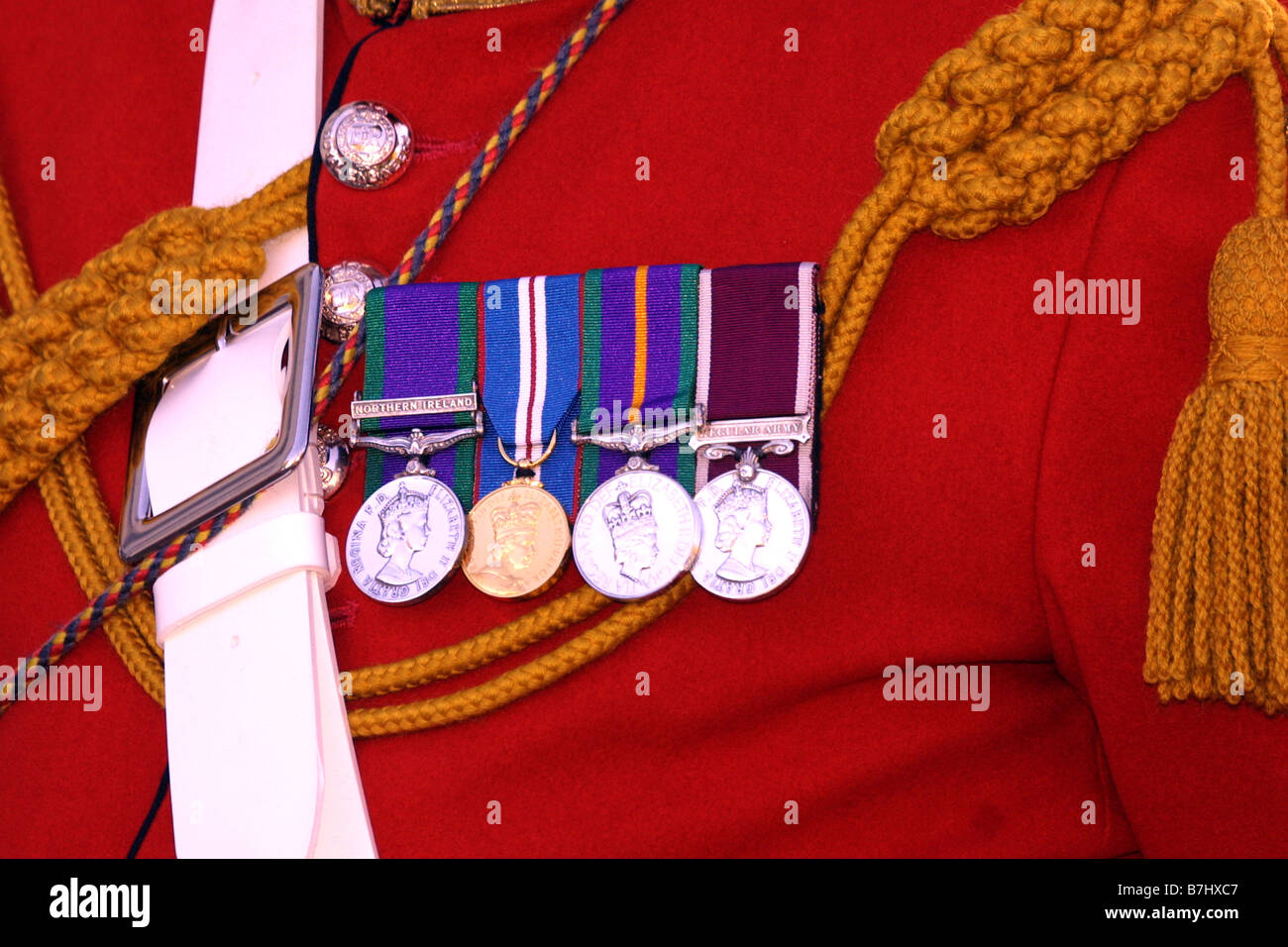 Courtmounted medals on red uniform of Royal Monmouth Royal Engineers ...