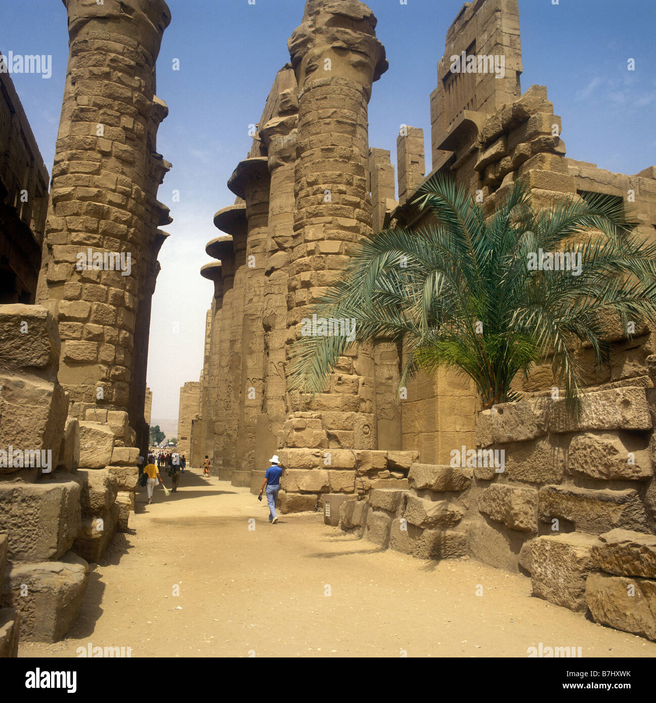 Huge stone columns at the massive temple complex of Karnak near Luxor ...