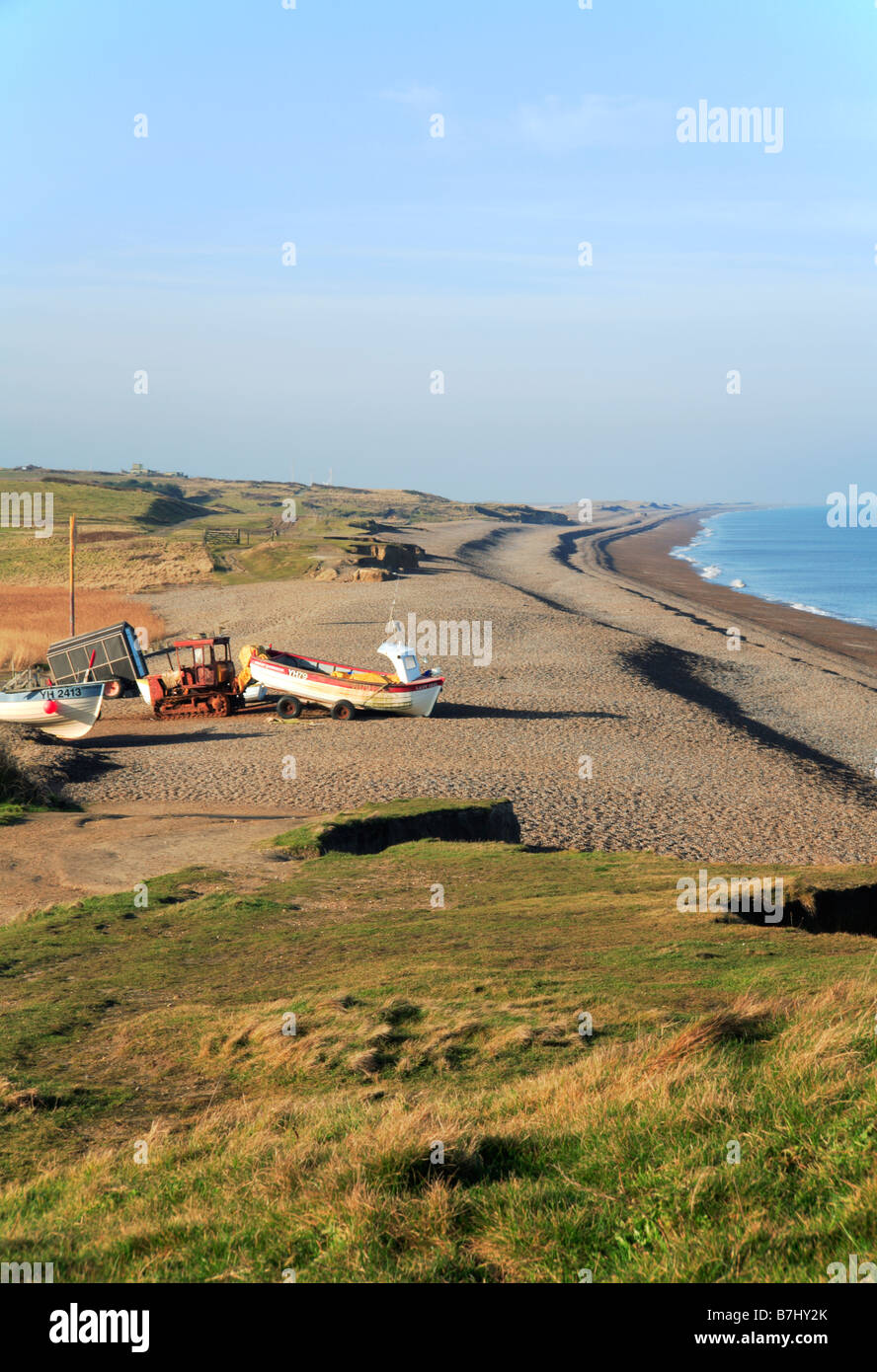 Coastal landscape at Weybourne, Norfolk, UK, with fishing boats and ...