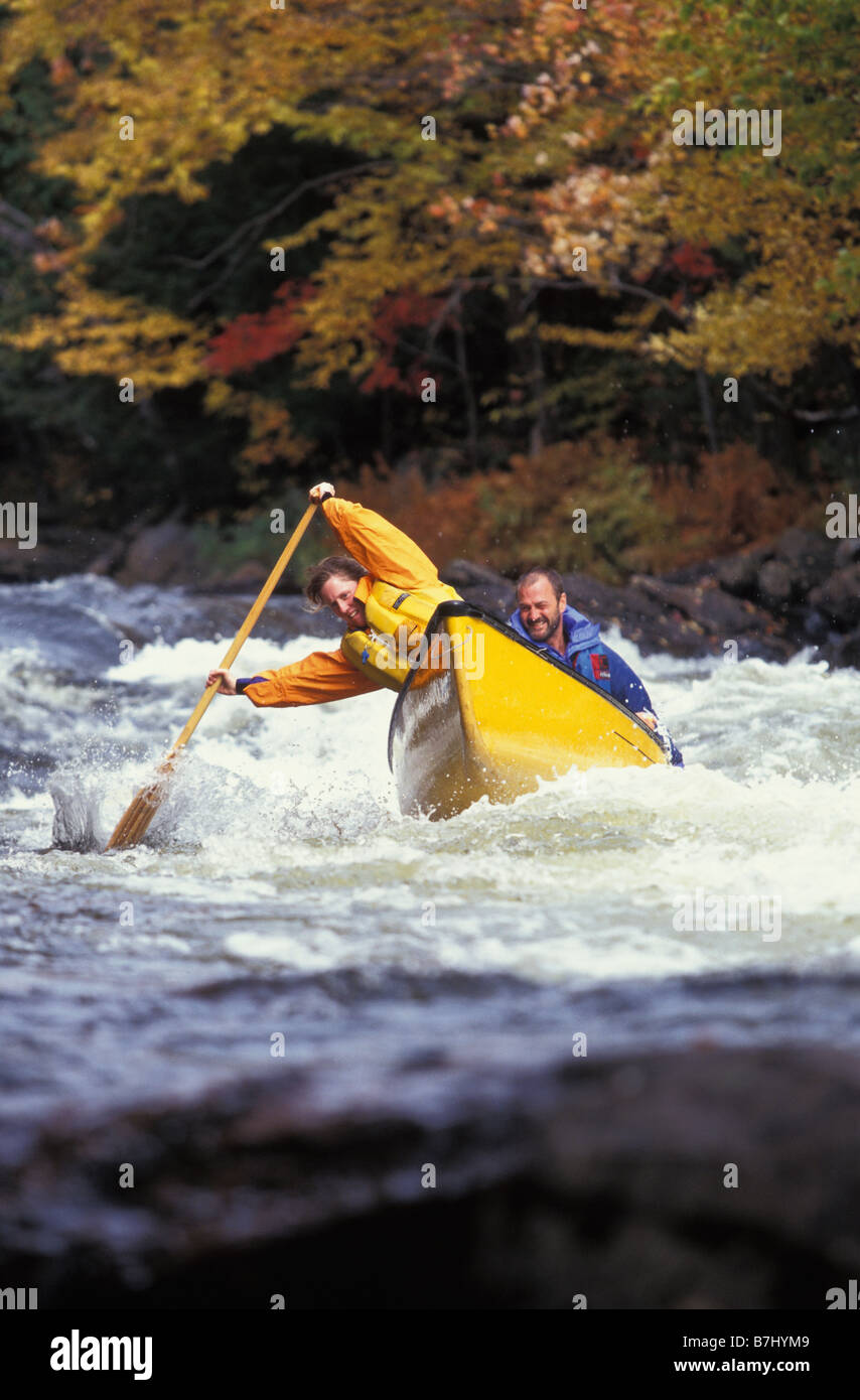 couple paddle whitewater canoe through rapids on Oxtongue river ...