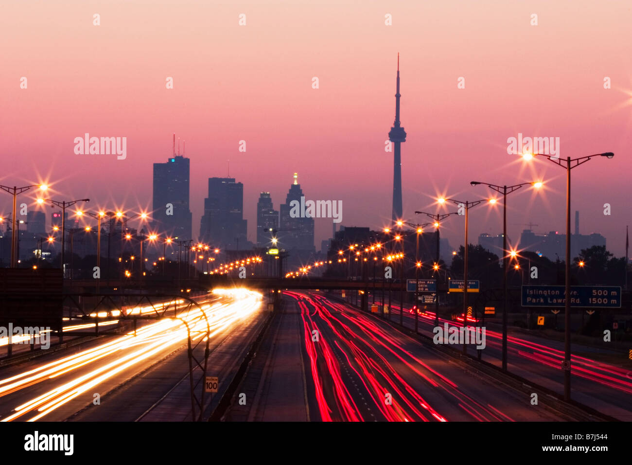 View of Toronto skyline from above Queen Elizabeth Way highway during ...