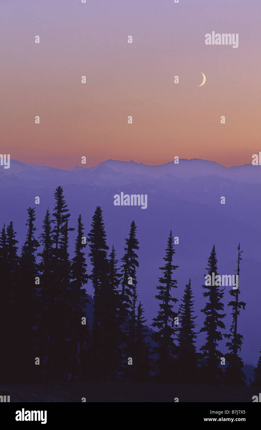 Crescent moon rises in sunset over mountains, Whistler, BC Canada Stock ...