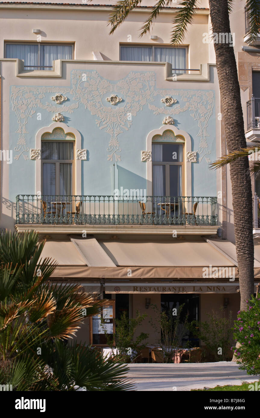 Traditional Catalan architecture buildings by the sea front. Sitges ...