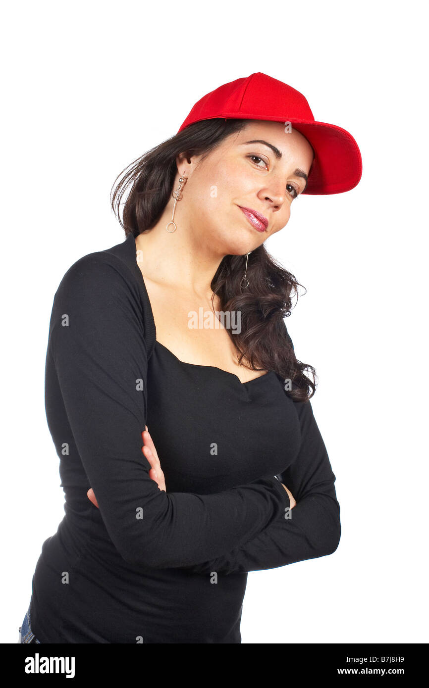 Smiling casual woman with a red cap on white background Stock Photo - Alamy