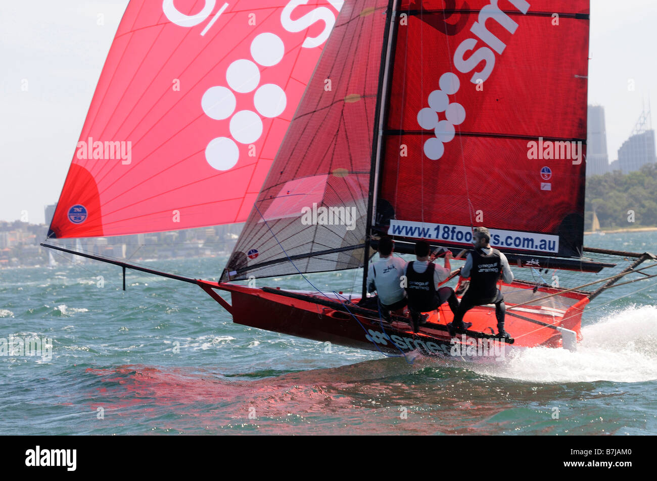 18ft Skiff racing in Sydney harbour Australia smeg sailing downwind ...