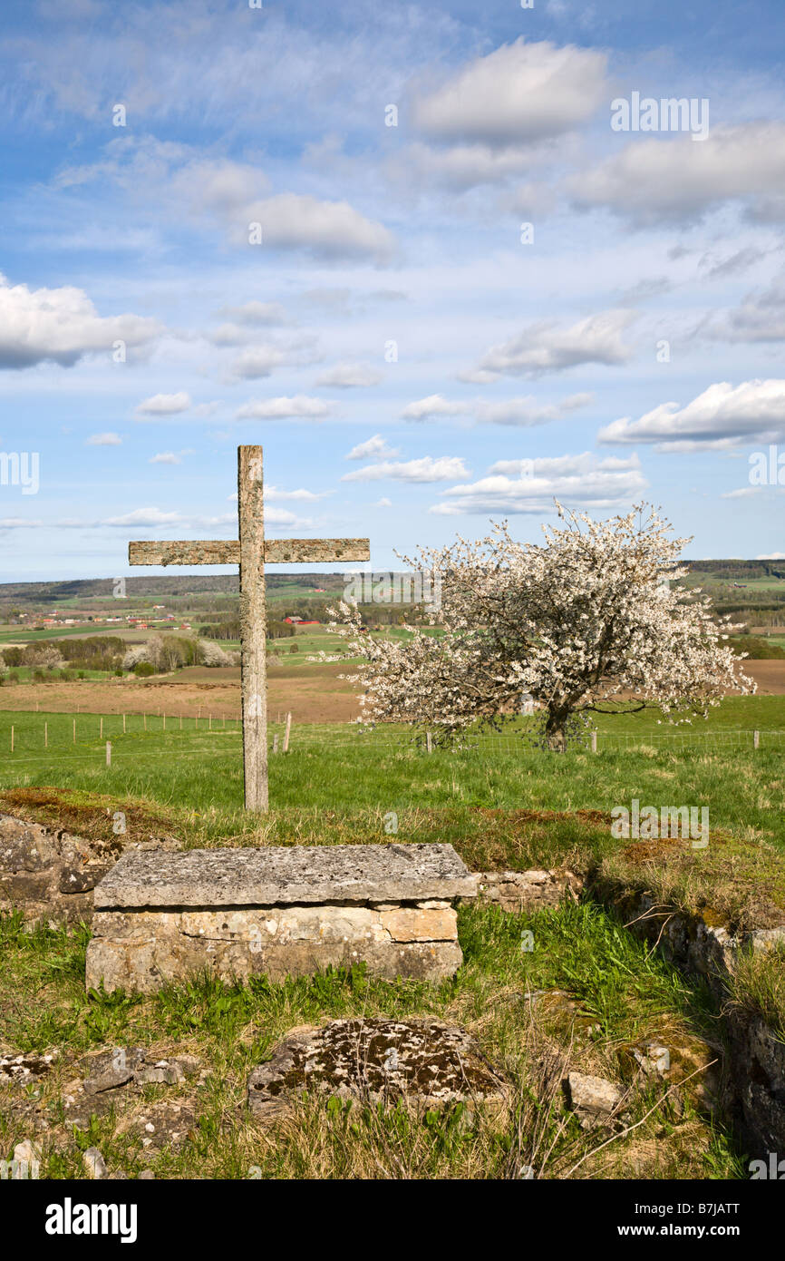 Old church ruin and a crucifix in a beautiful spring landscape Stock ...