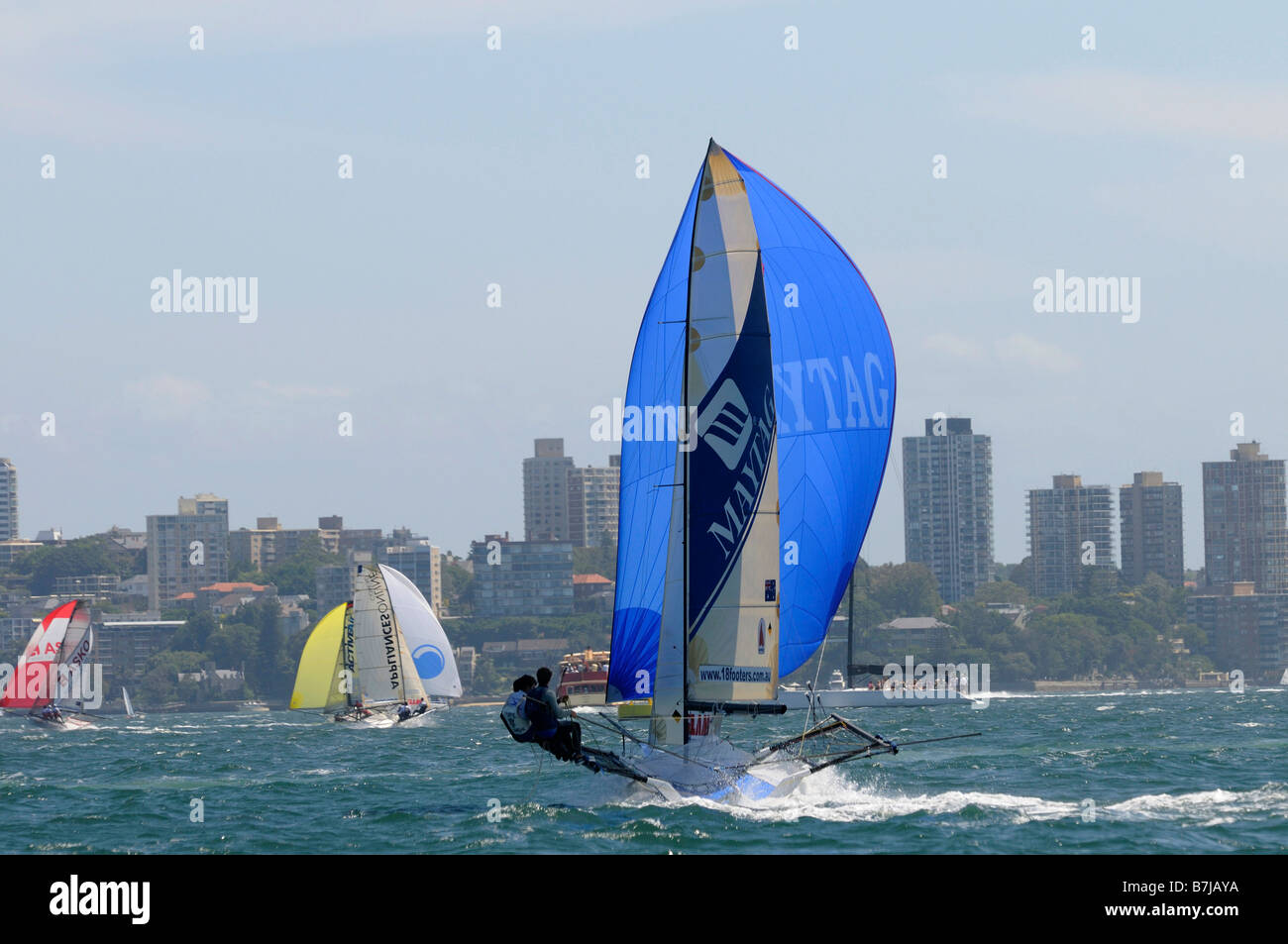 18ft Skiff racing in Sydney harbour australia Mytag Sailing downwind ...