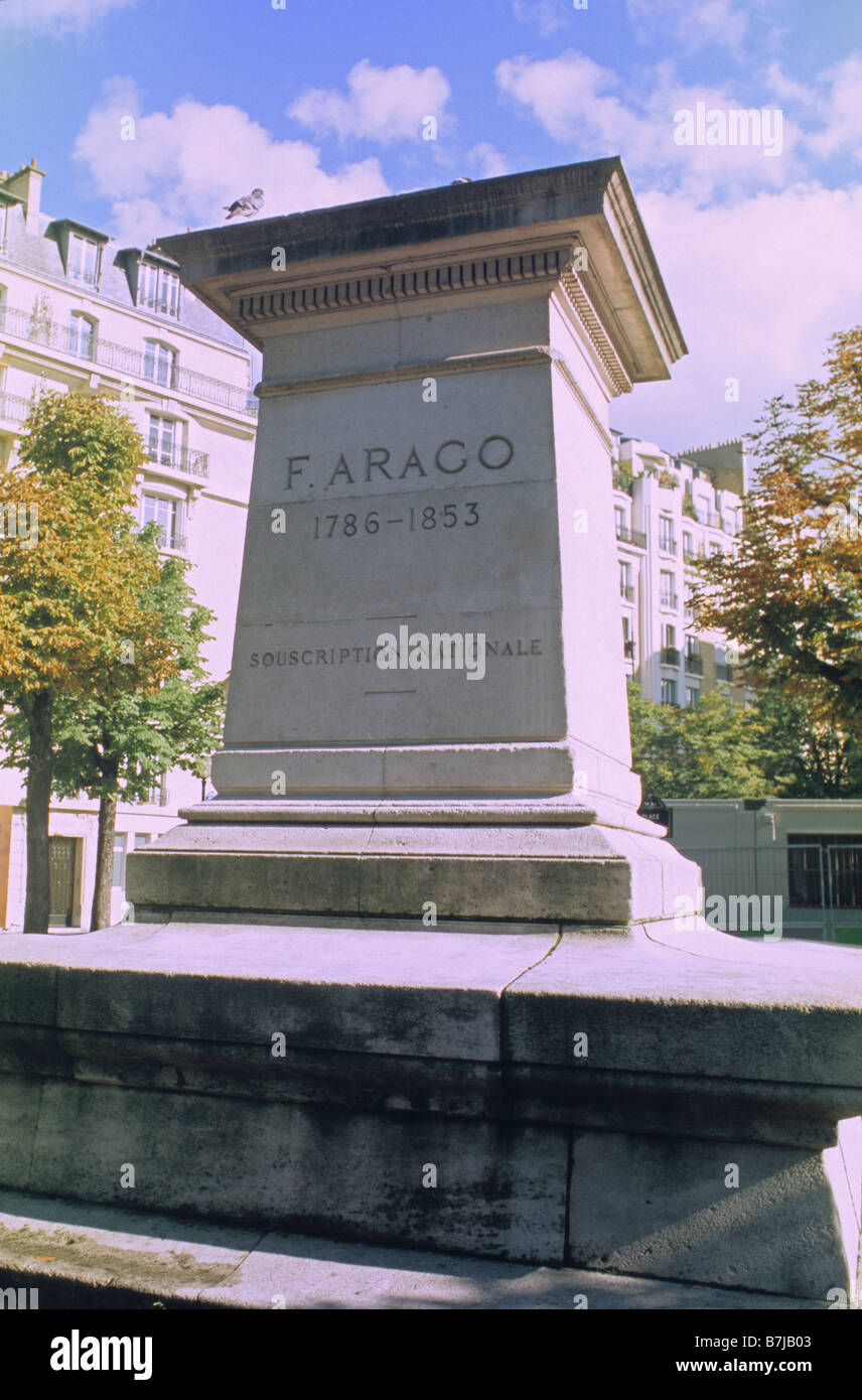 Paris, Plinth of the statue of Francois Arago, astronomer, surveyor and ...