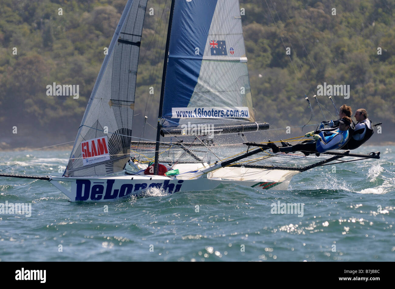 18ft Skiff racing in Sydney harbour australia boat Delongi Stock Photo ...