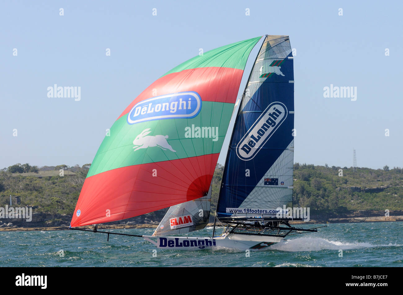 18ft Skiff racing in Sydney harbour australia boat Delongi Stock Photo ...