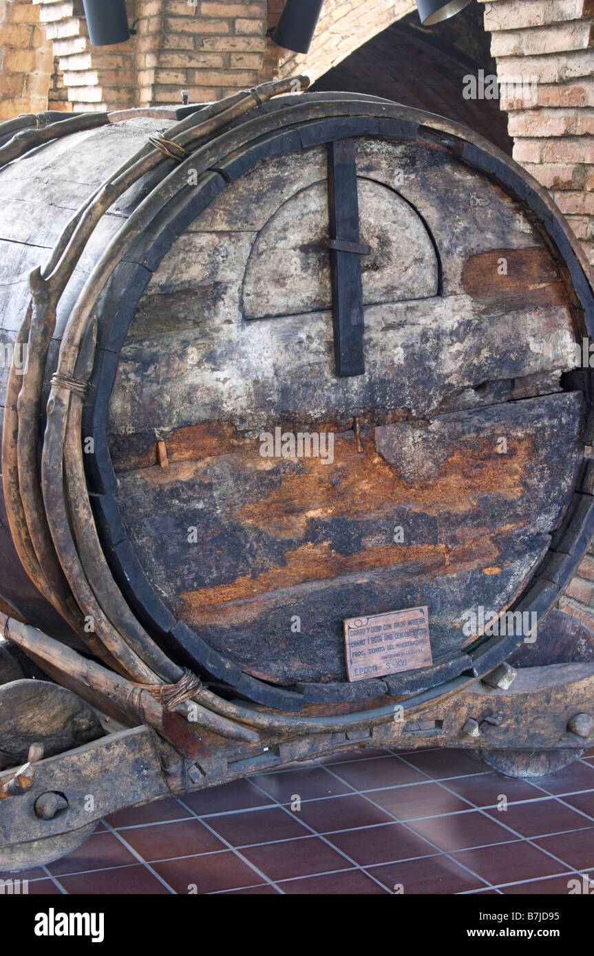 Ancient medieval oak vat on an old cart. Codorniu, Sant Sadurni d'Anoia ...