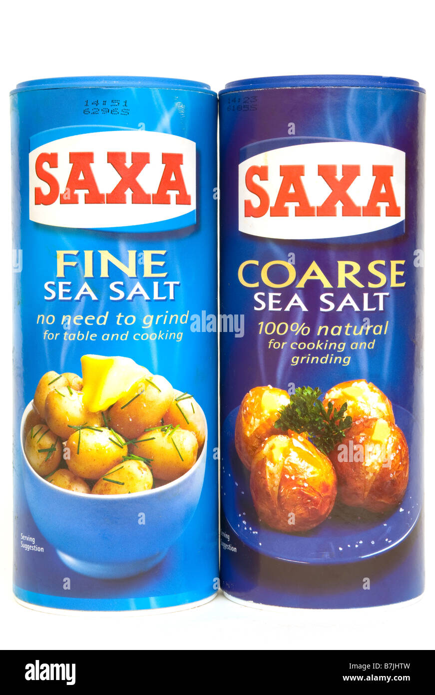 Saxa Fine and Course Sea Salt Containers Stock Photo - Alamy