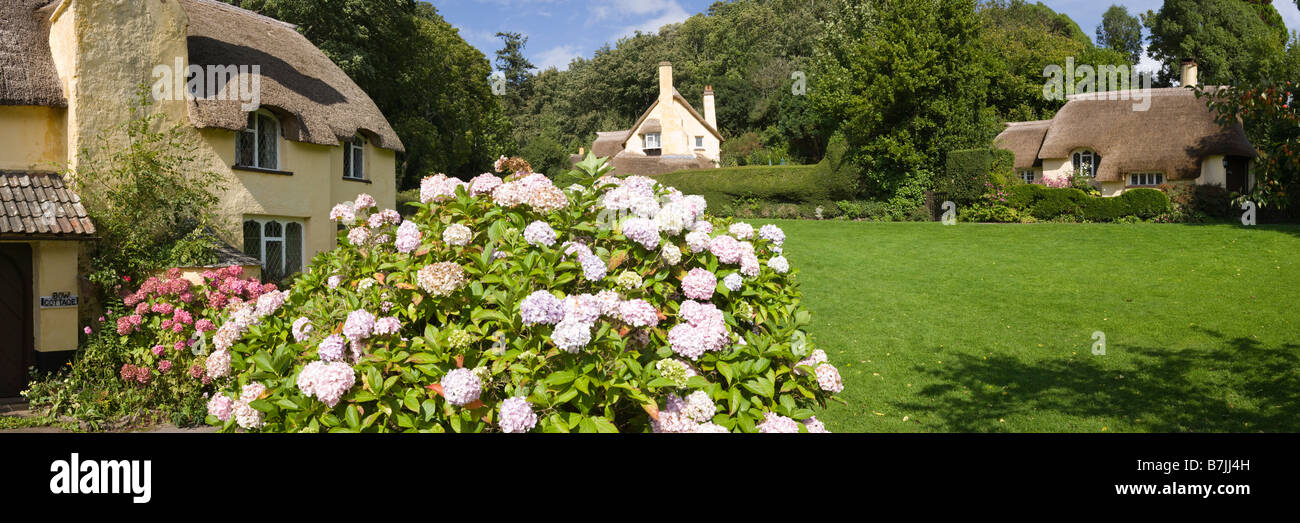 A panoramic view of thatched cottages on Selworthy Green, Exmoor ...