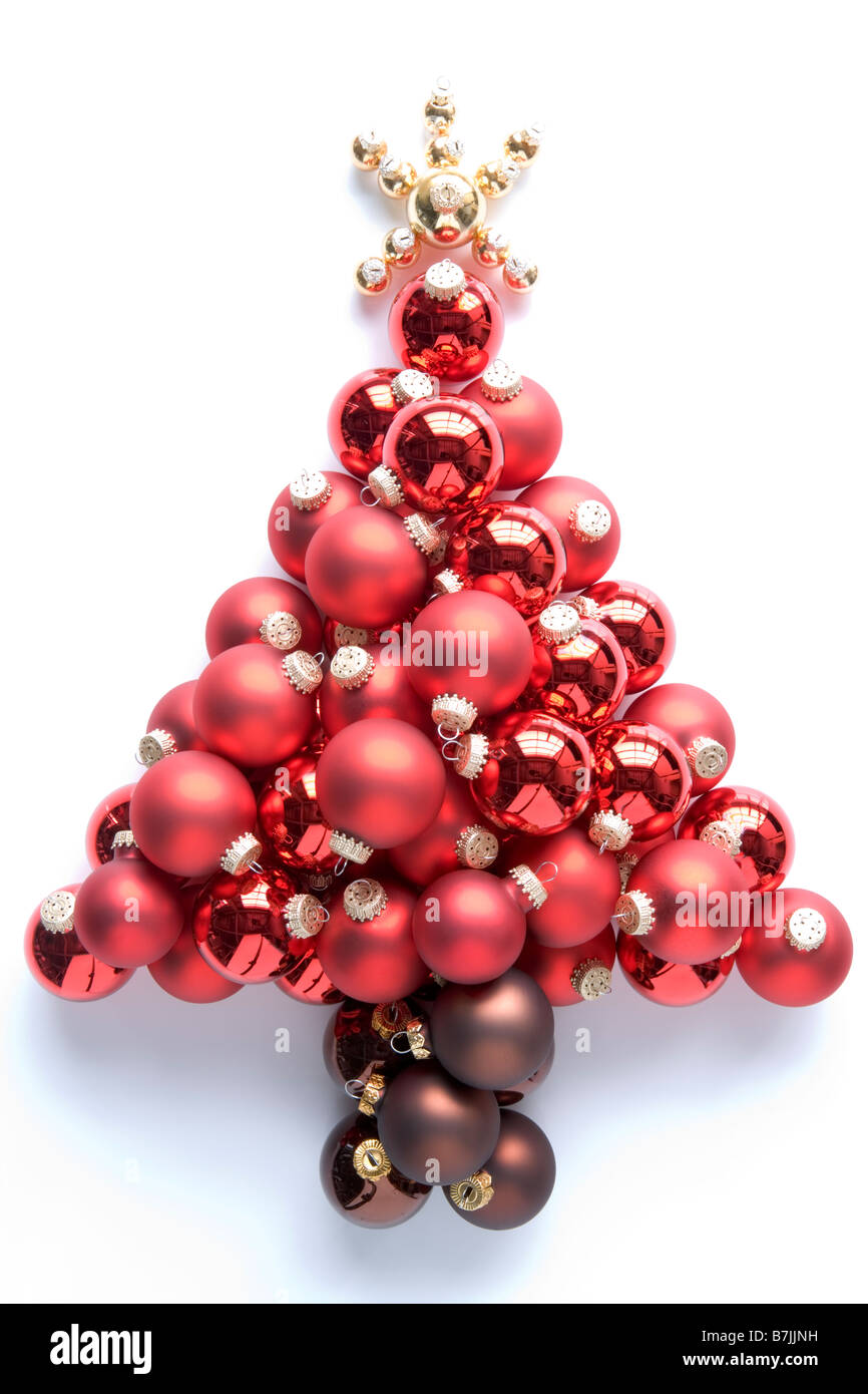 Christmas Tree Made From Red And Gold Baubles Against White Background ...