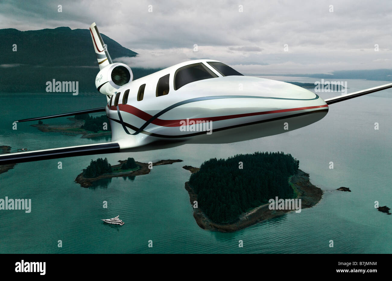 In a composite photo, a Piper Jet light business jet departs Alaska ...