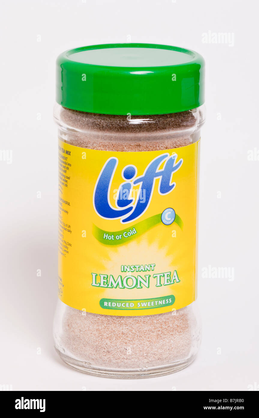 A jar of Lift instant lemon tea reduced sweetness for drinking hot or ...