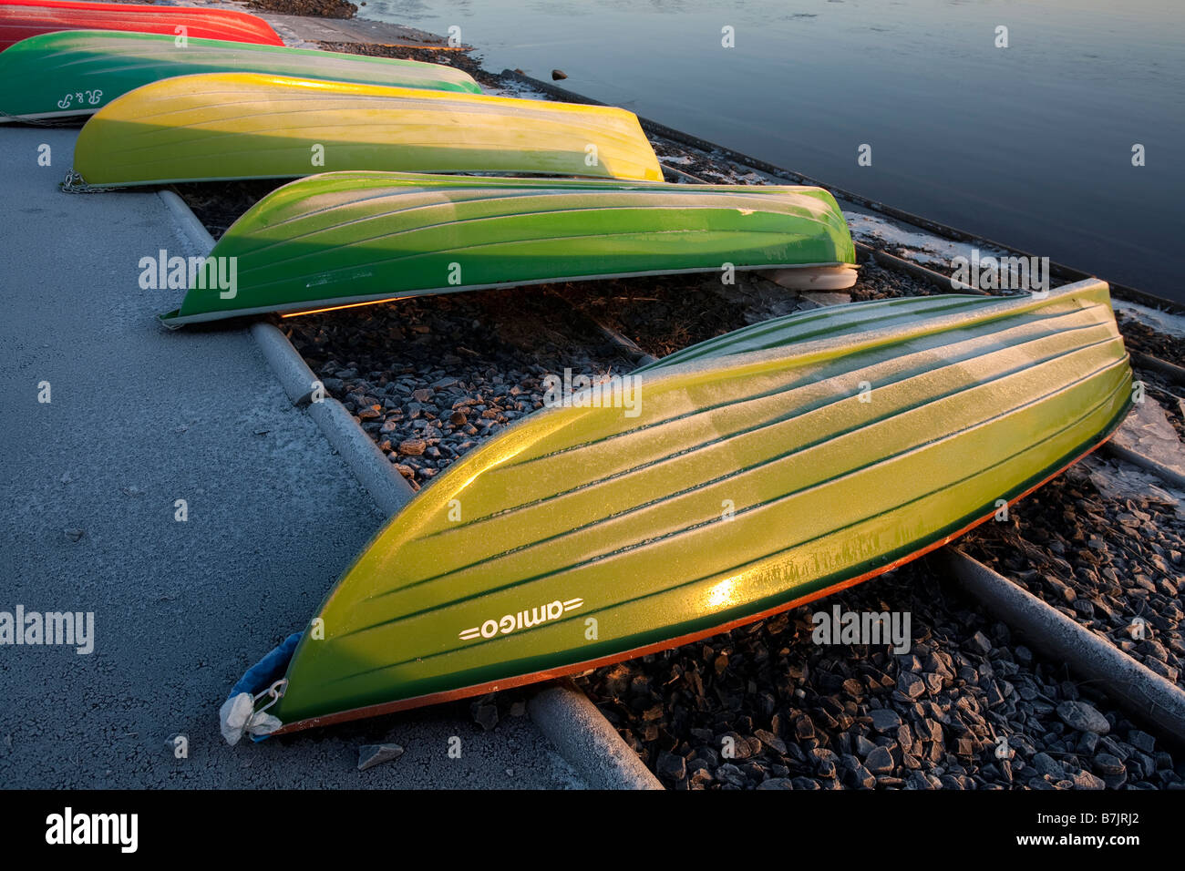 Many fiberglass rowboats / skiffs / dinghies , upturned for Winter ...