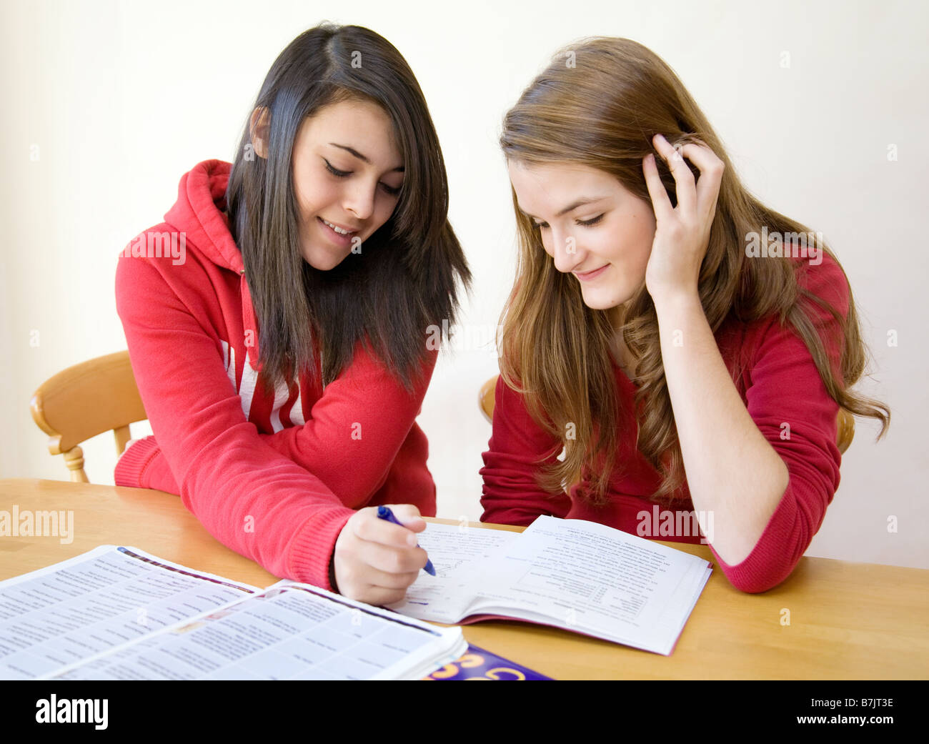 Two teenage girls doing homework, one helping the other Stock Photo - Alamy