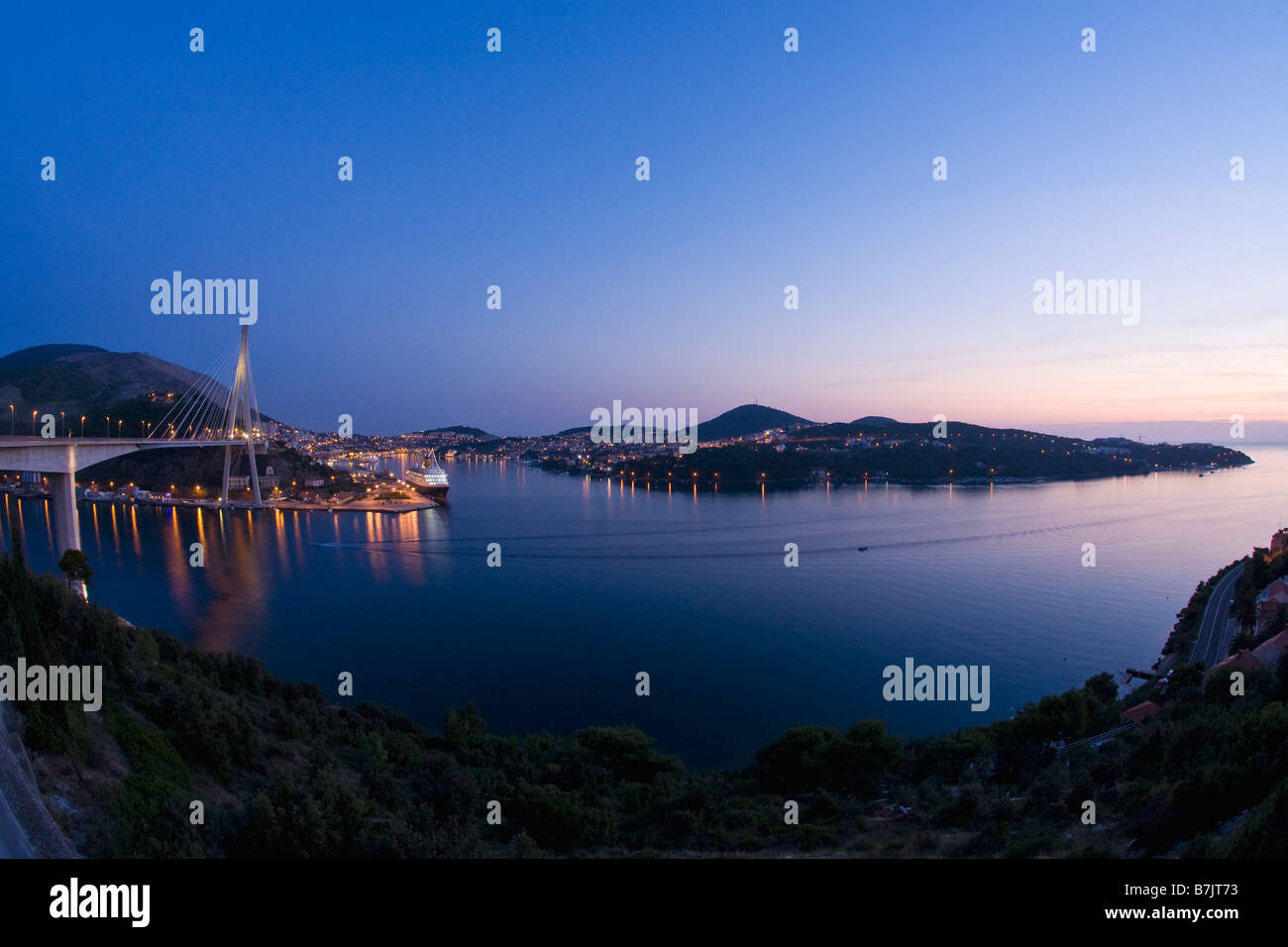 Franjo Tudman Bridge cruise ship in harbour harbor dusk evening ...