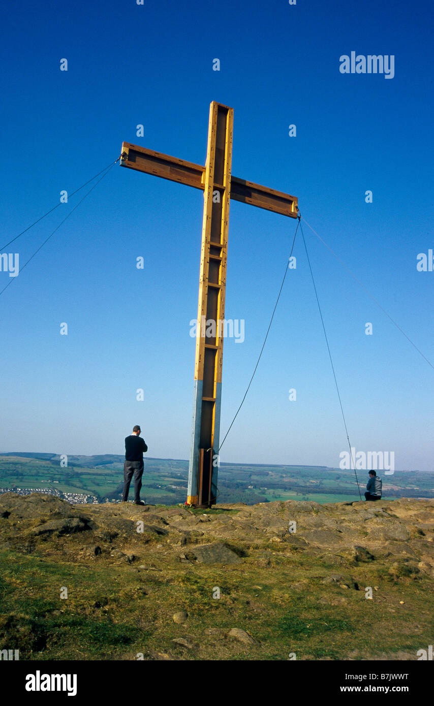 Hill Easter Cross Christian religious symbol Guy ropes Two people OTLEY ...