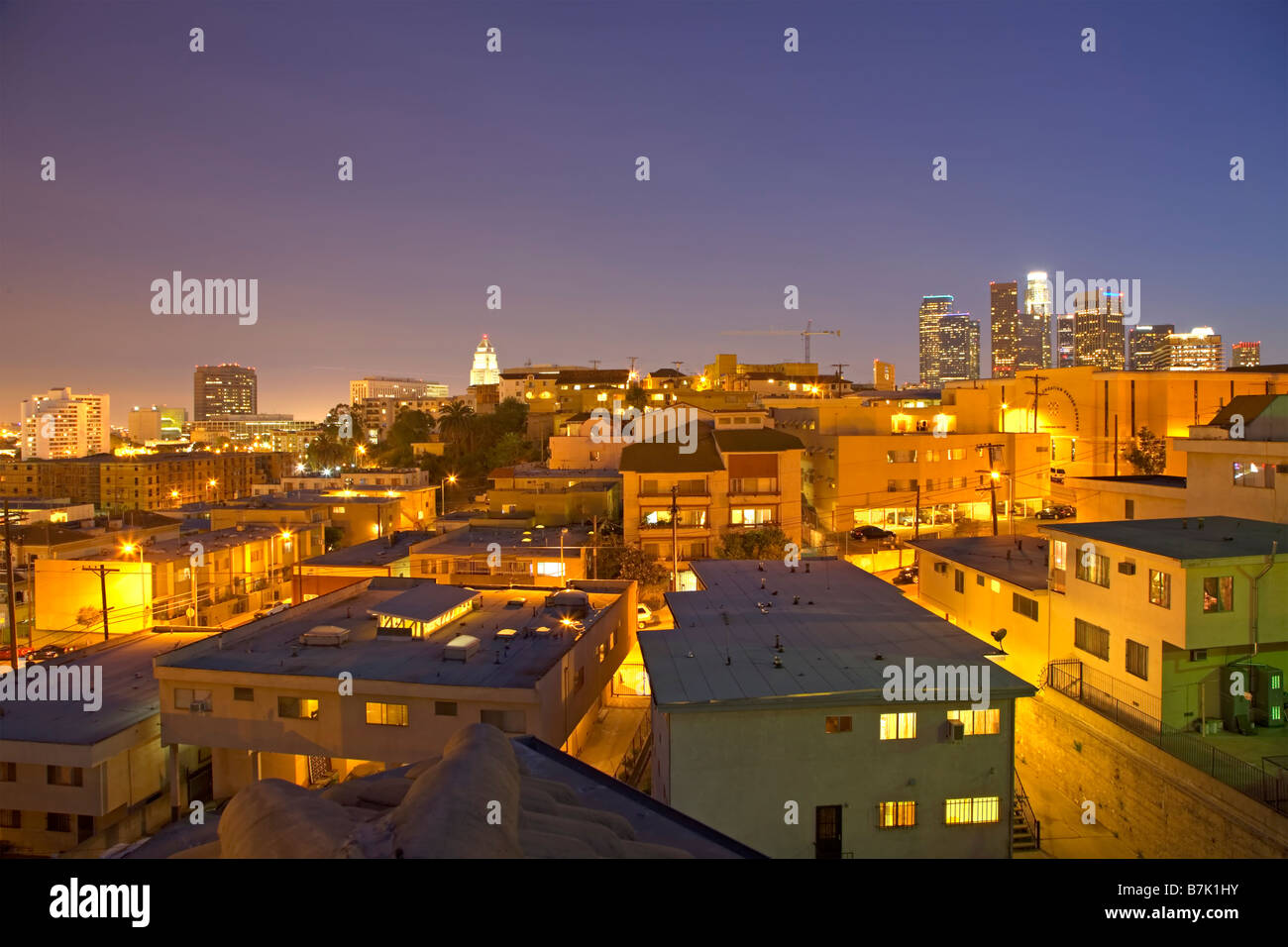Los angeles skyline at night with train hi-res stock photography and ...