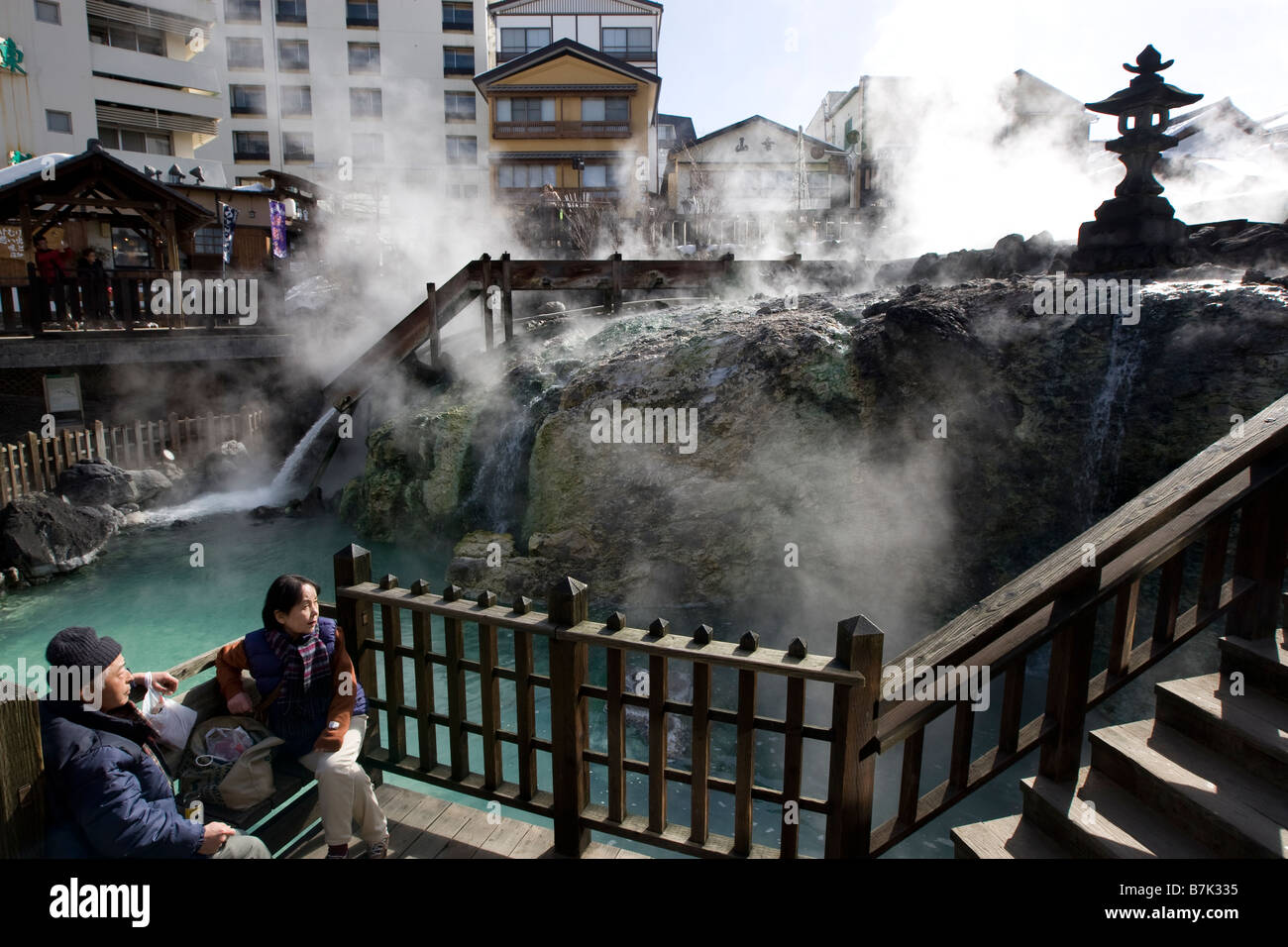 Hot steam rises from the Yubatake -Field of Hot Water, spring in the ...