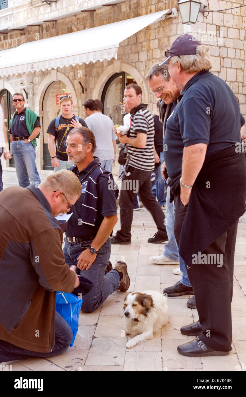 A crowd gathers around a small dog in old town Dubrovnik, Croatia Stock ...