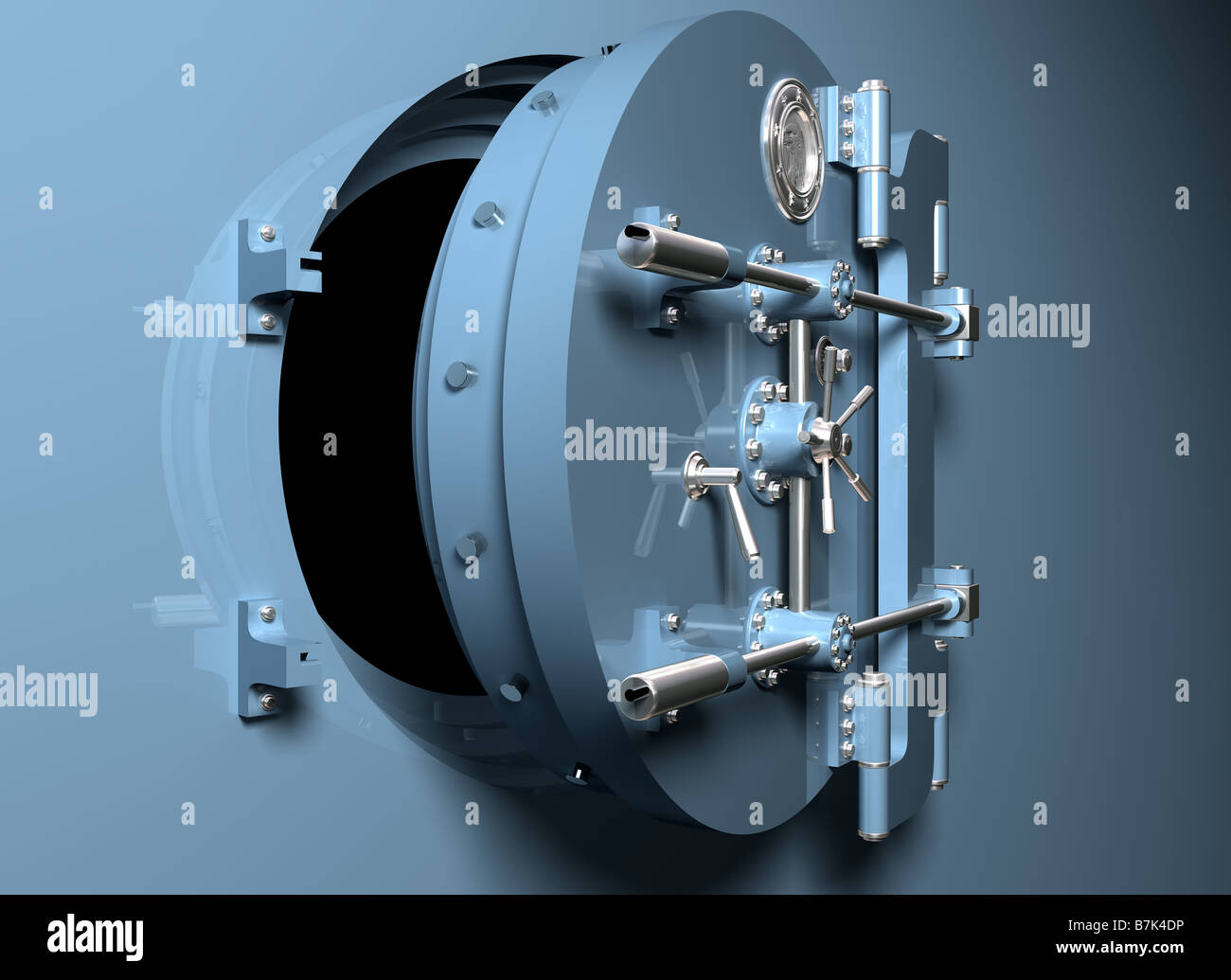 Illustration of a round bank vault door ajar Stock Photo - Alamy