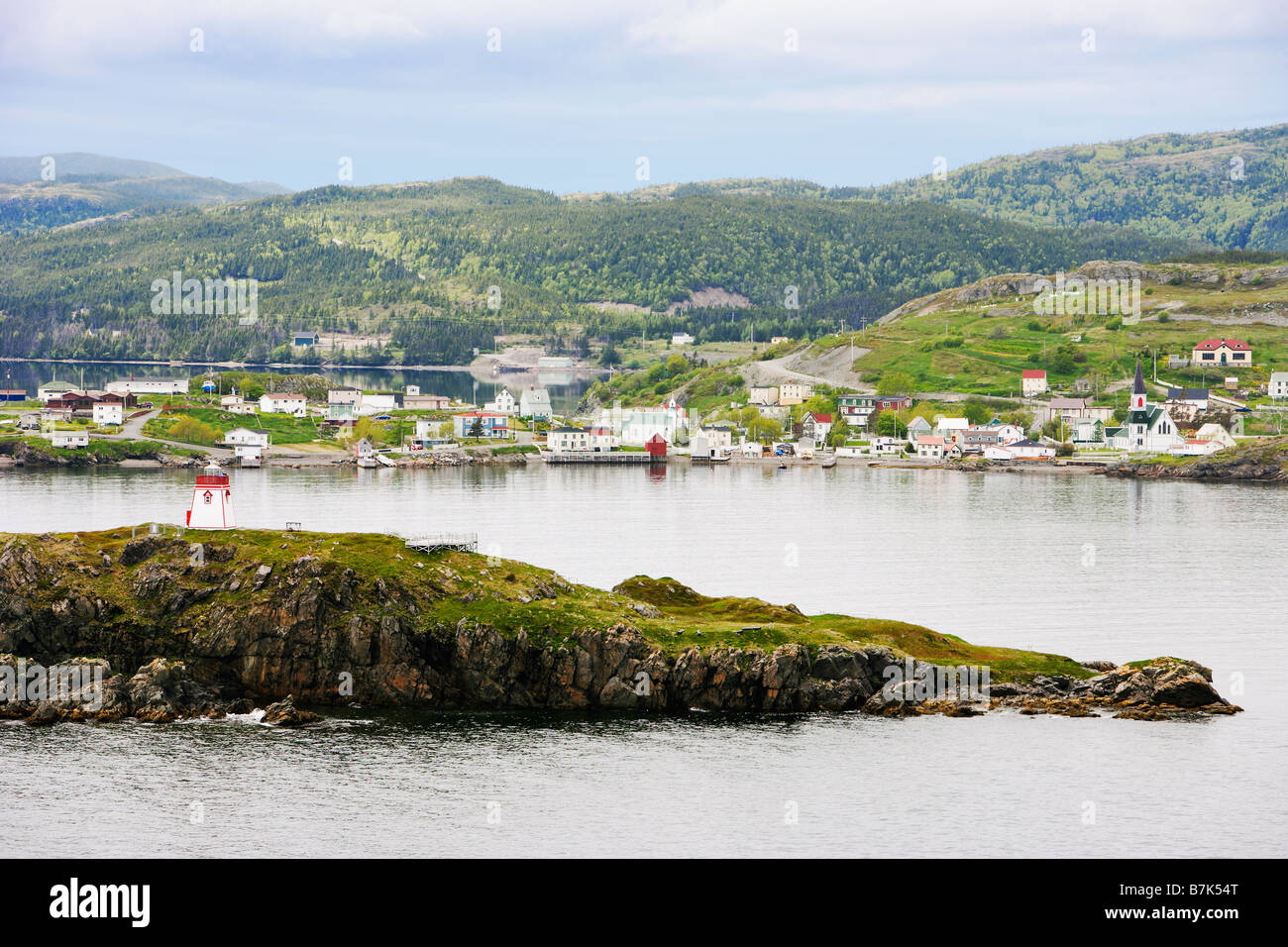 View of lighthouse and village, Trinity, Newfoundland, Canada Stock ...