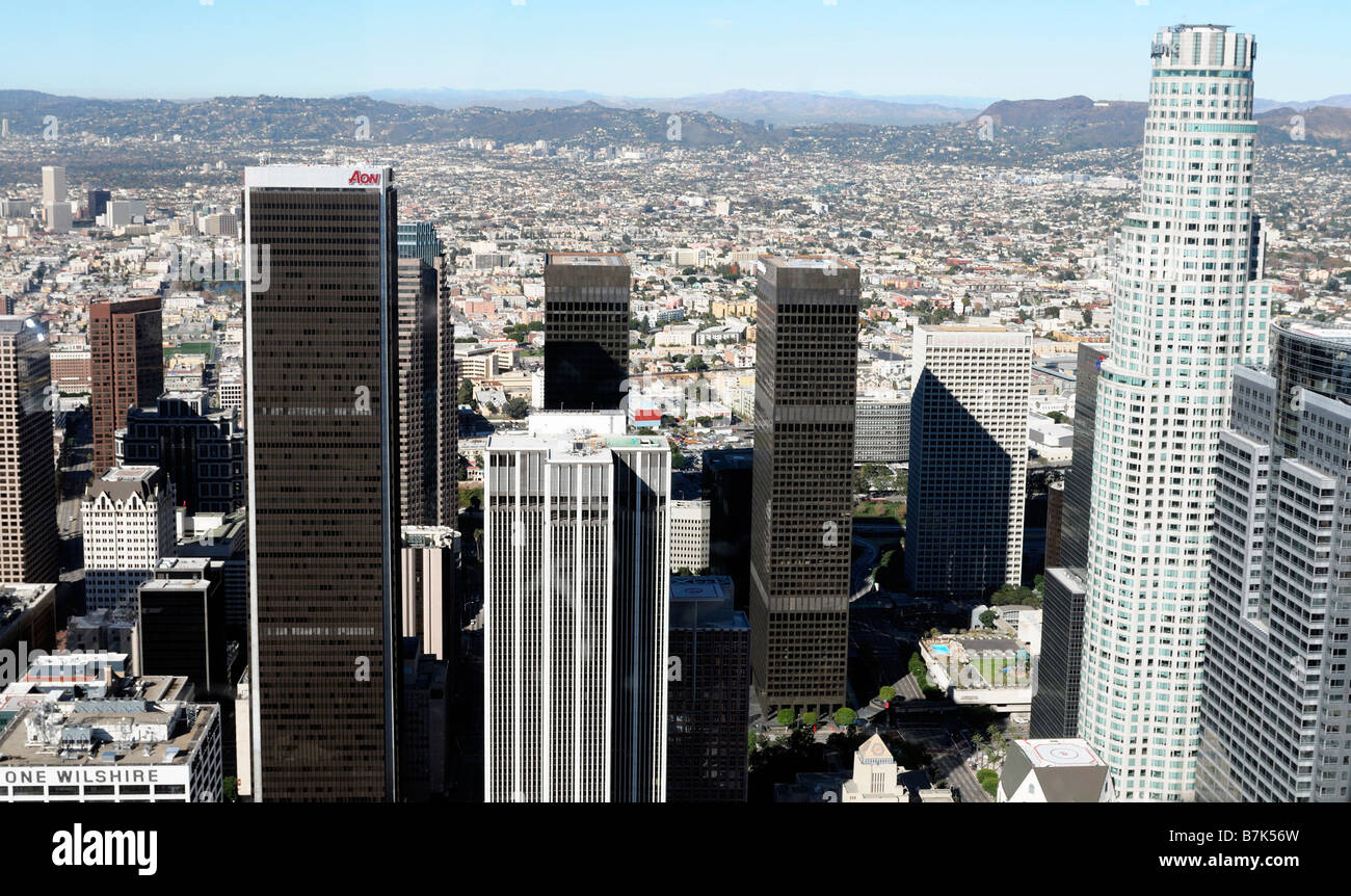 aerial view of downtown los angeles city skyline skyscrapers tall ...