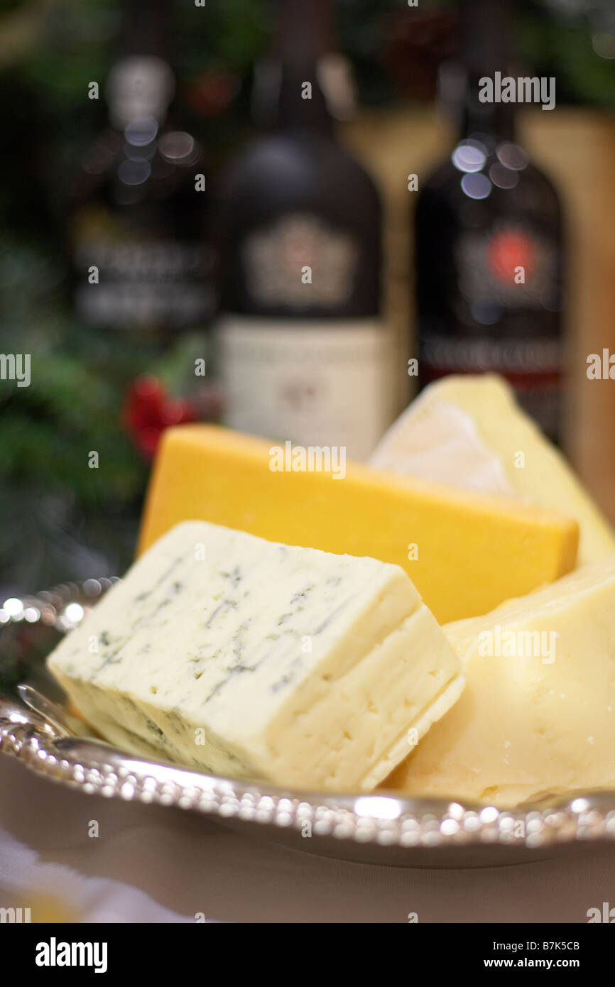 Bricks of blue, cheddar, parmesan, and brie cheese in a silver dish ...