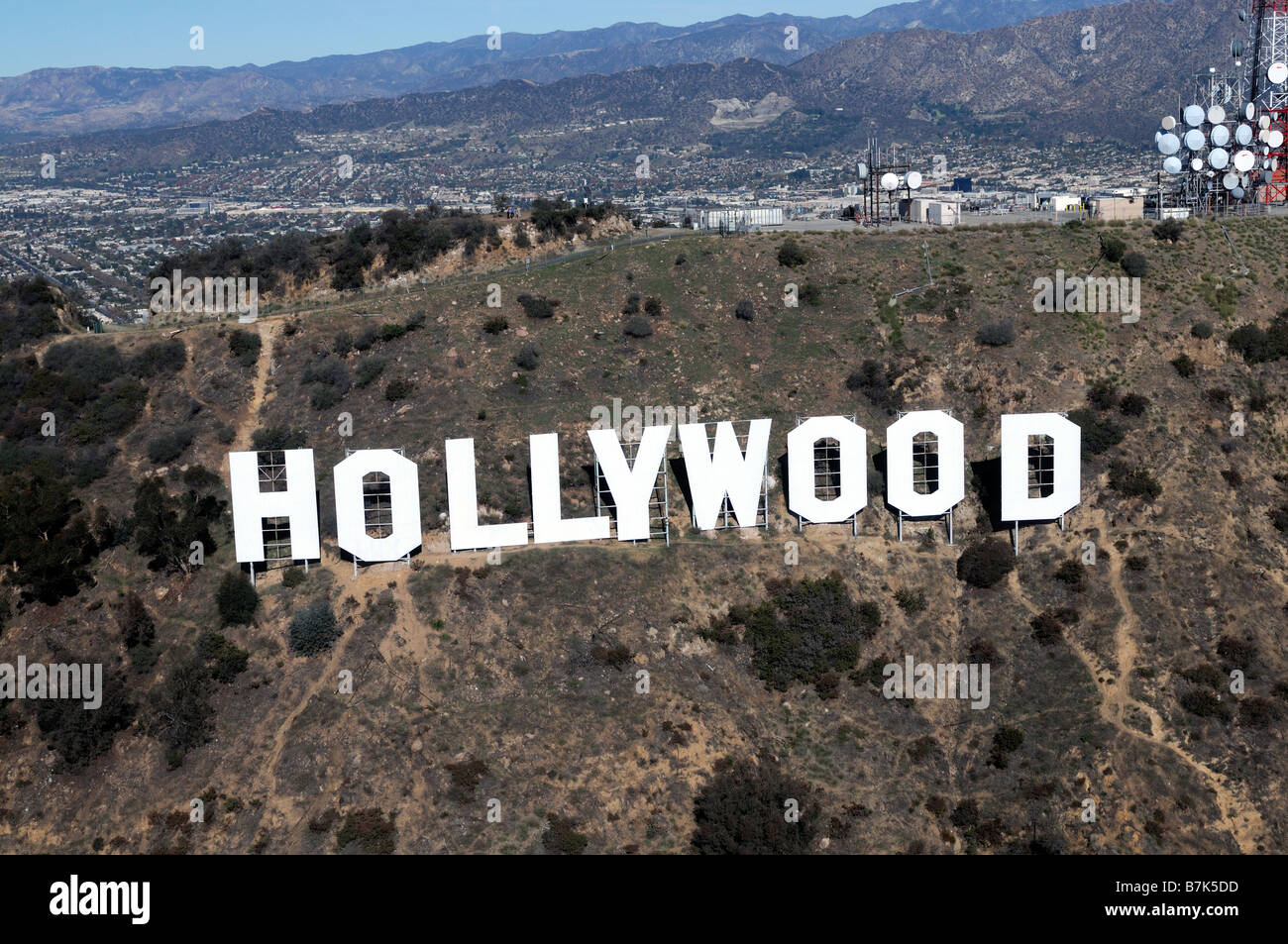 hollywood sign in the hills above los angeles california aerial view ...
